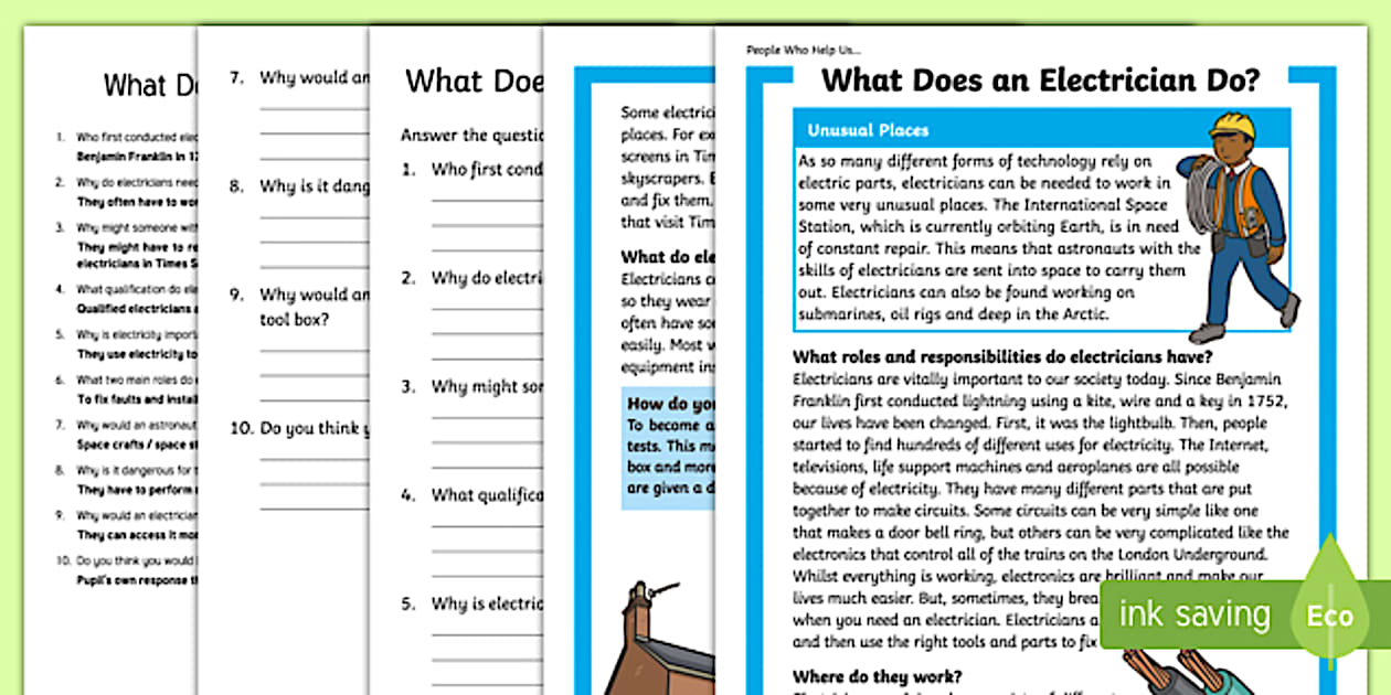 What Does An Electrician Do? Reading Comprehension - Twinkl
