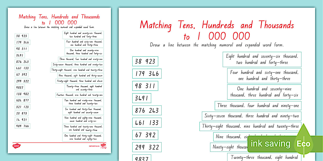 Stage 6 (Phase 2) Matching Tens, Hundreds and Thousands to 1 000 000