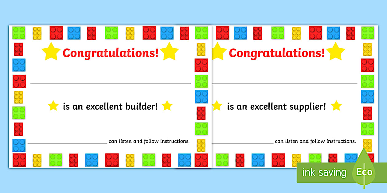 Editable Building Bricks Therapy Certificates - Twinkl