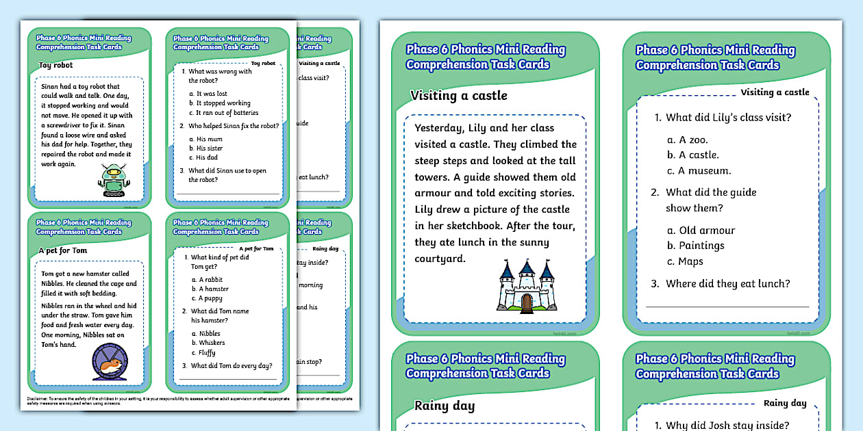 Phase 6 Phonics Mini Reading Comprehension Task Cards