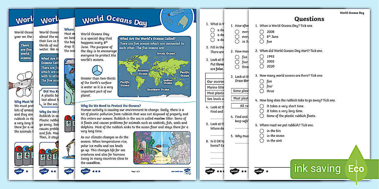 KS1 World Oceans Day Reading Comprehension Activity | Twinkl