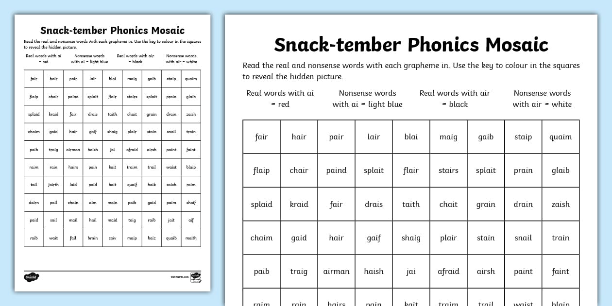 Snack-tember Phase 3 Phonics Mosaic Worksheets