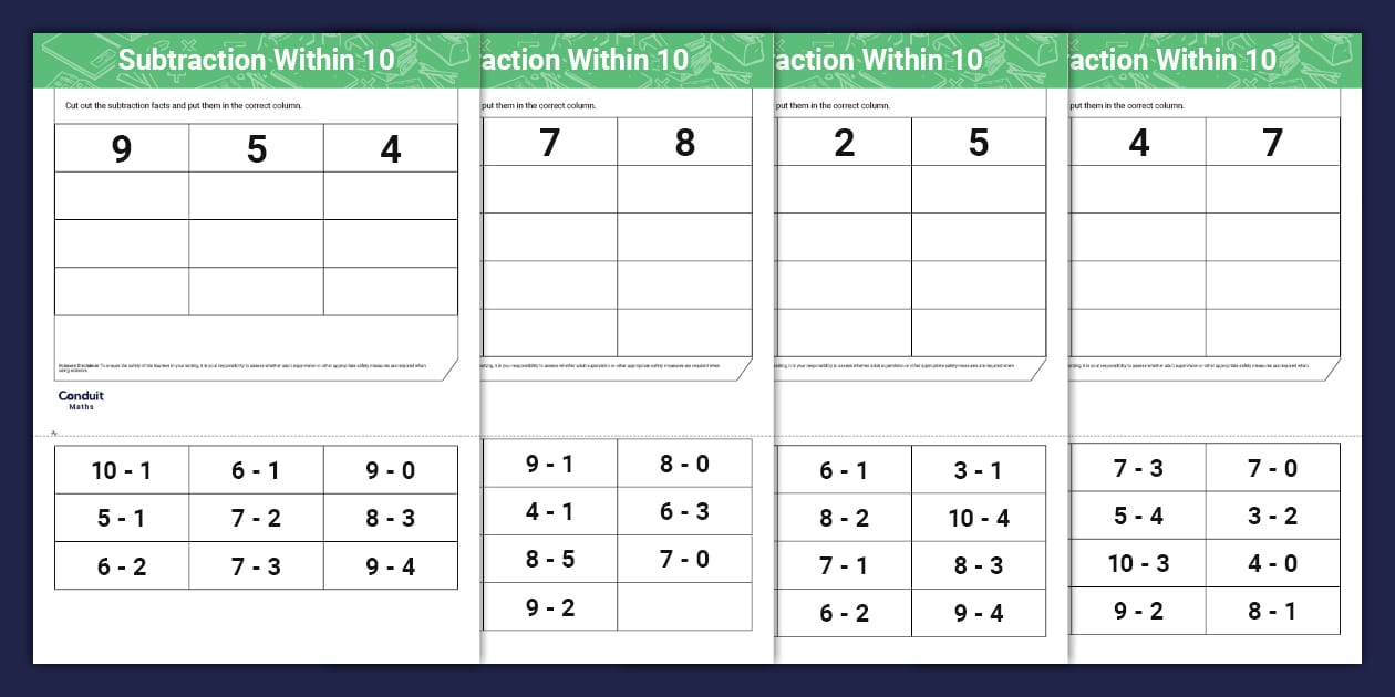 National 1 Number Processes: Subtraction Within 10 Cut and Stick