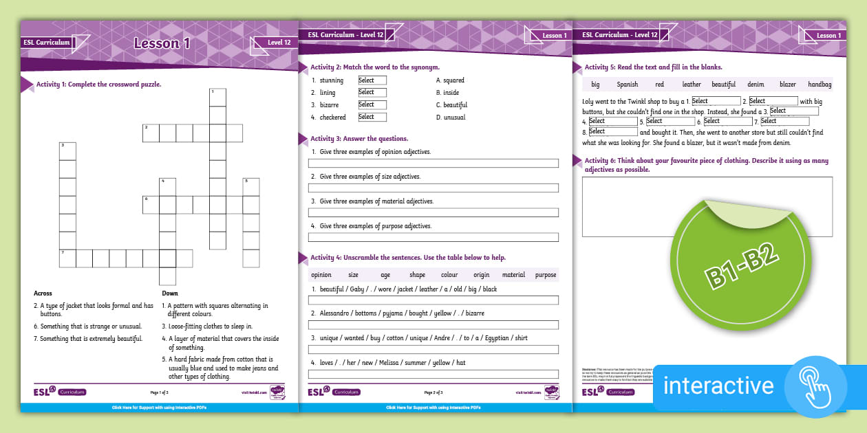 ESL Curriculum Level 12 Lesson 1 Interactive Activity