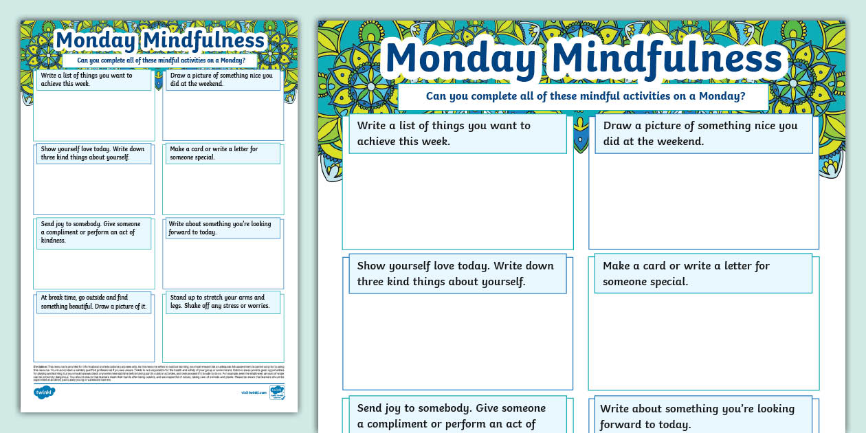 * NEW * Monday Mindfulness Wellbeing Checklist - Twinkl