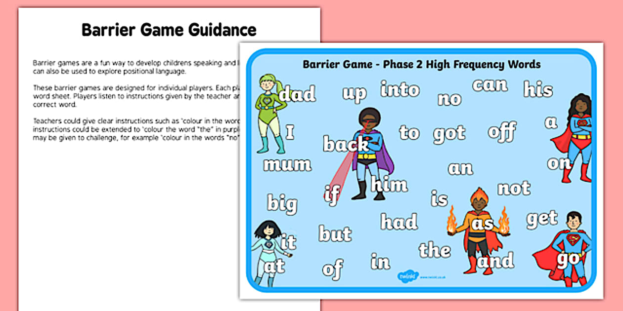 Editable Phase 2 High Frequency Words Barrier Game Worksheet
