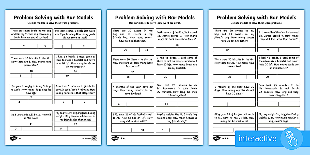 Year 2 Maths Problem Solving with Bar Models Homework Differentiated