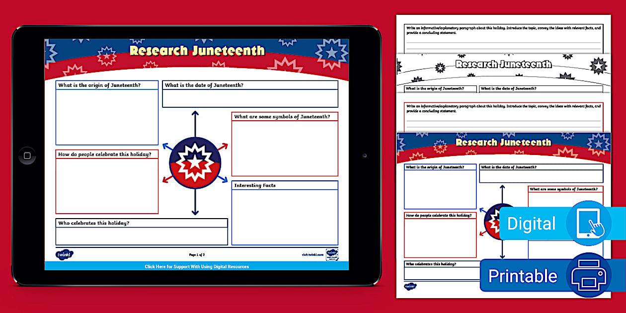 Research Juneteenth Graphic Organizer & Writing Template for 6th-8th Grade