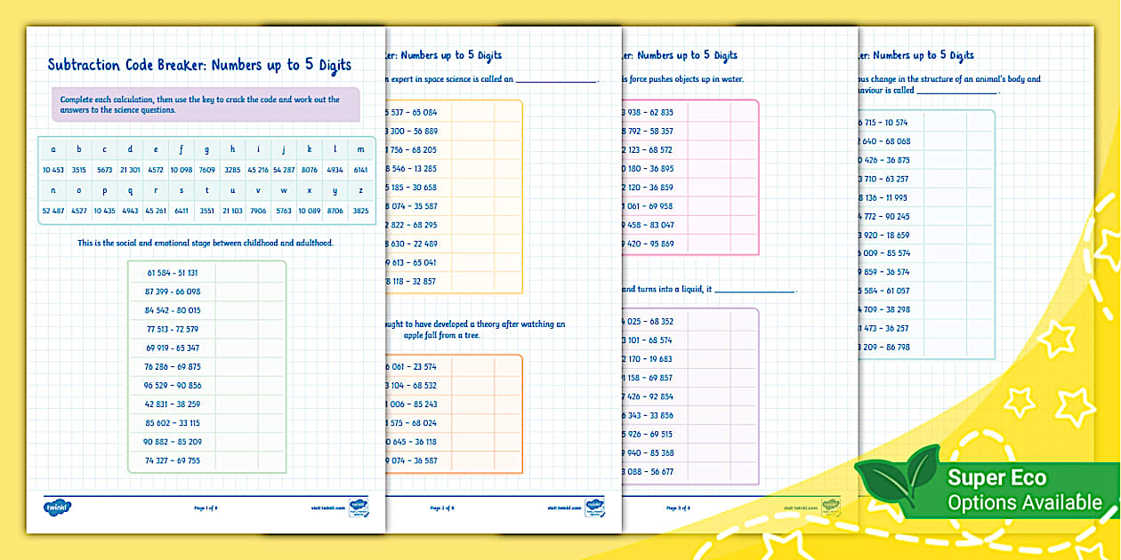 Subtraction Code Breaker: Numbers up to 5 Digits (Ages 9 - 10)
