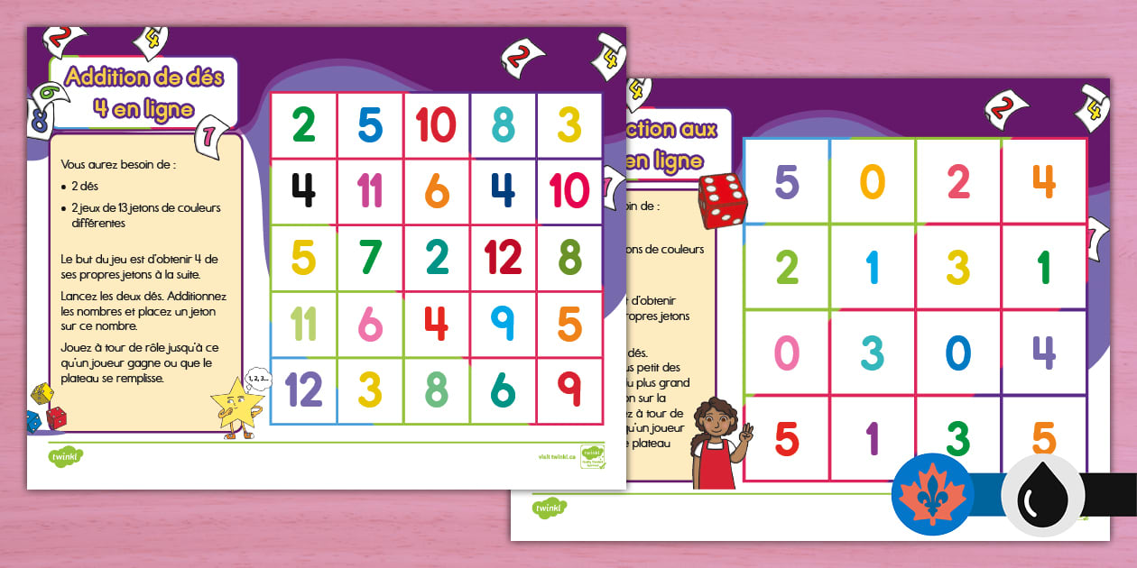 Four in a Row Addition and Subtraction Dice Games French