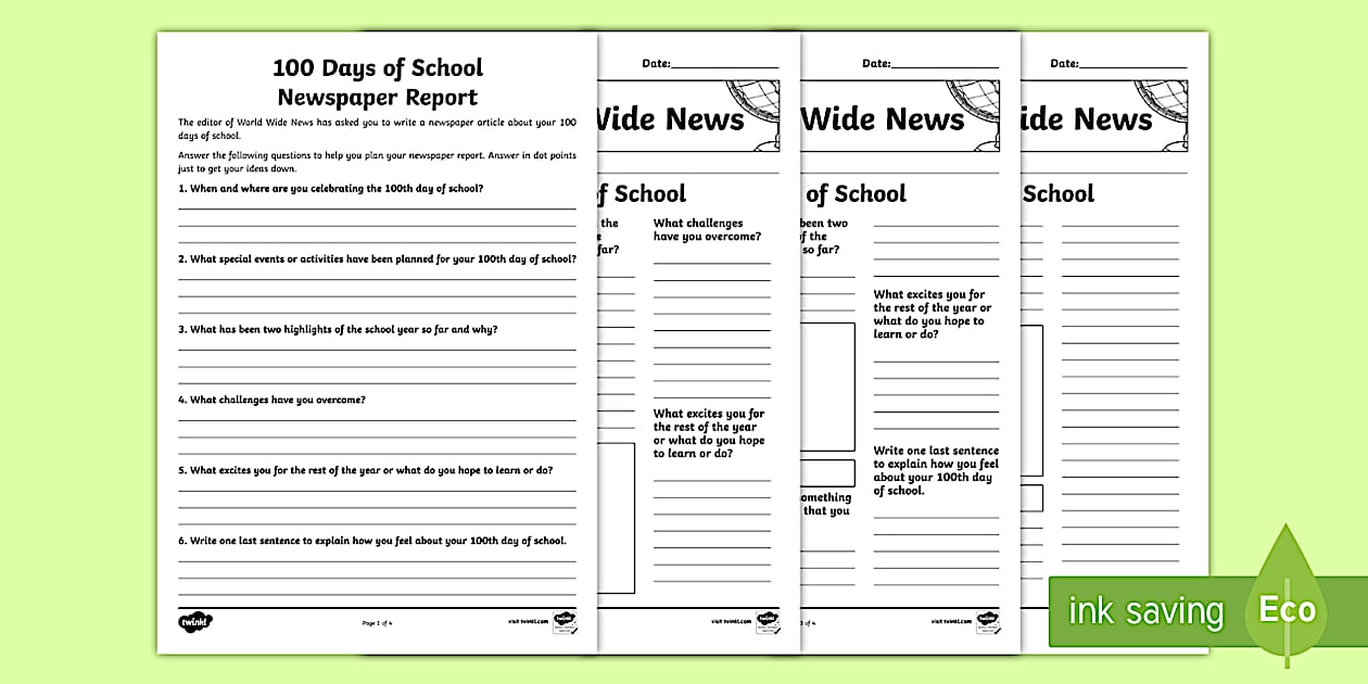TAS 100 Days of School Newspaper Report Differentiated Writing Template