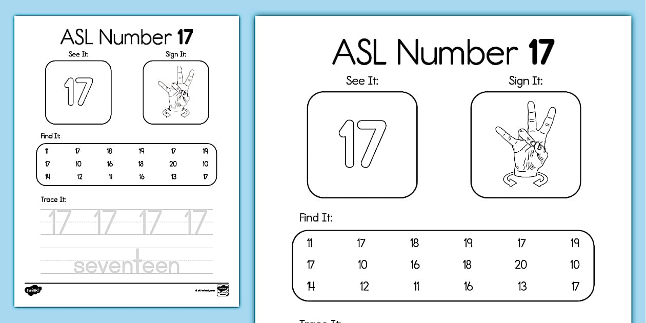 ASL Number 17 Worksheet (teacher made) - Twinkl
