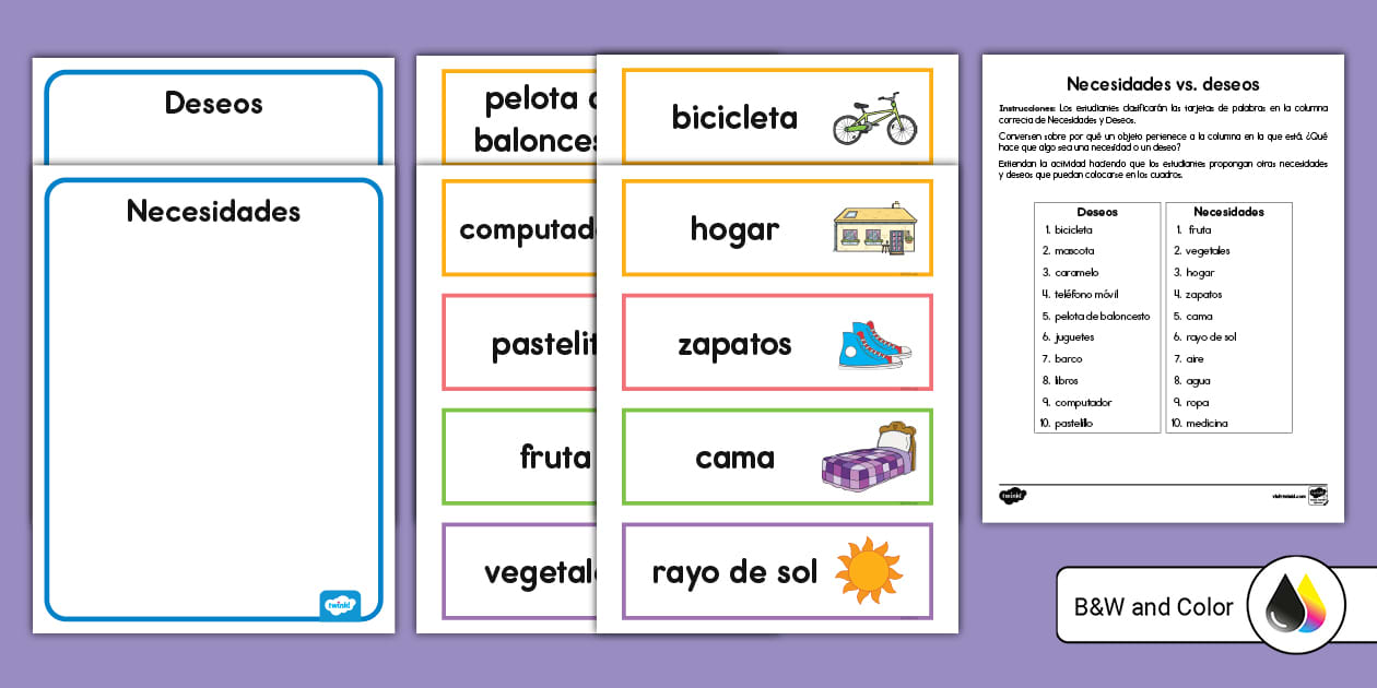 Needs and Wants in Spanish | Worksheets | Twinkl USA