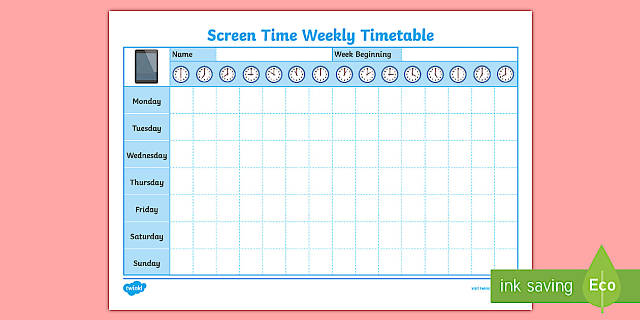 Screen Time Weekly Timetable (Hecho por educadores) - Twinkl