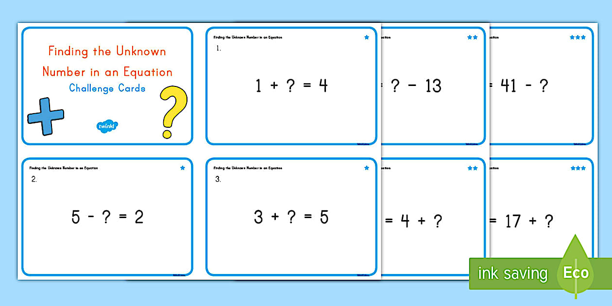 Finding the Unknown Number in Single Digit Equations Challenge Cards