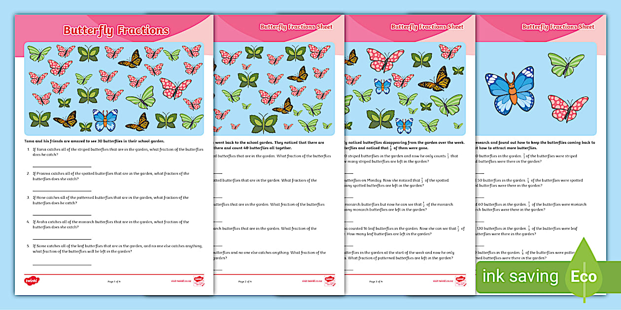 Butterfly Fractions Worksheets | Differentiated Activity
