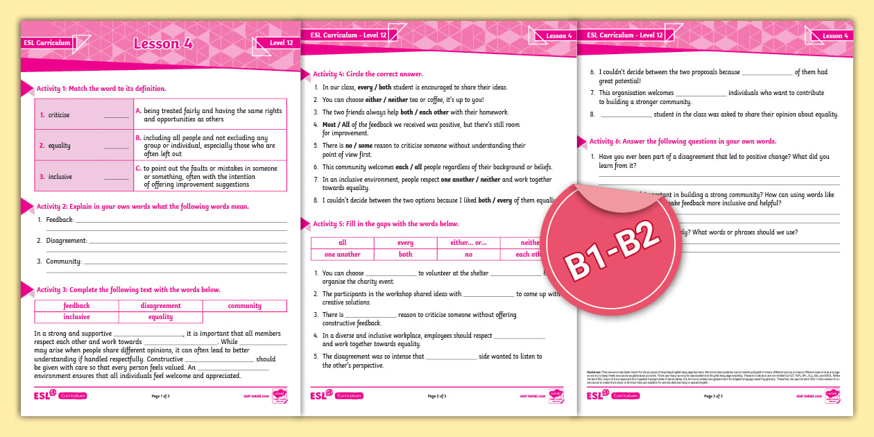ESL Curriculum Level 12, Lesson 4 Activity Sheet - Twinkl
