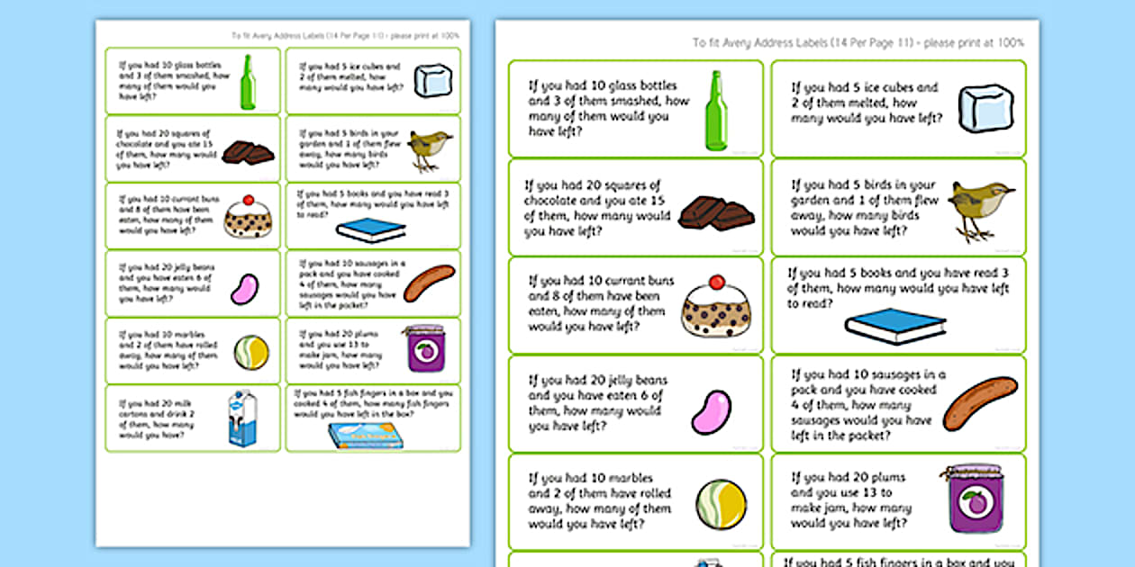 Editable KS1 Subtraction Word Problem Label Stickers