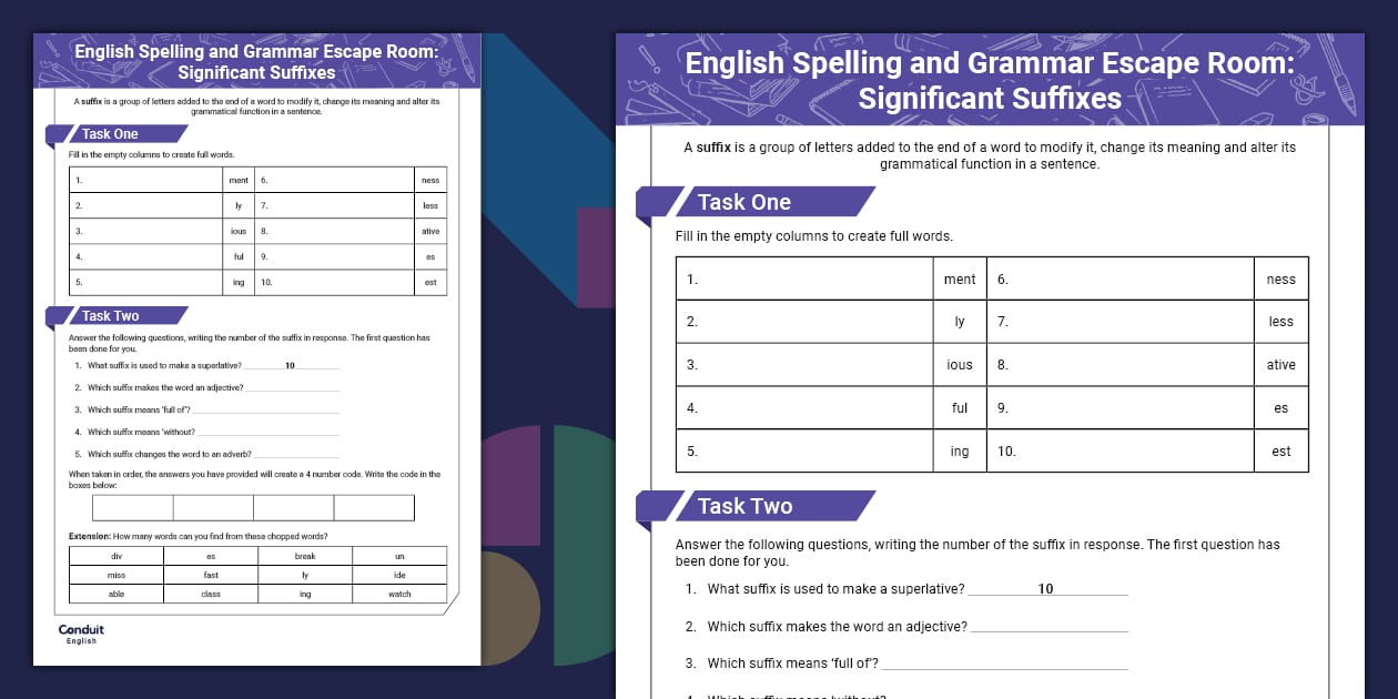 English Spelling and Grammar Escape Room: Suffixes - Twinkl