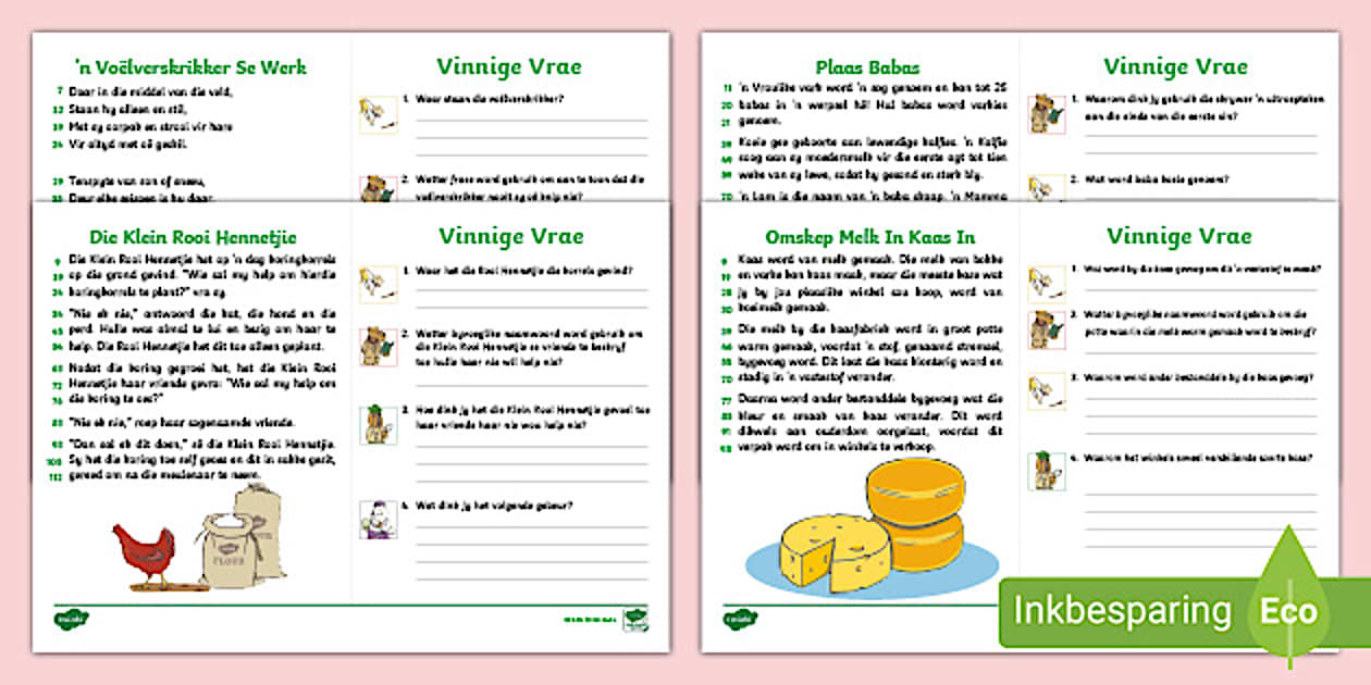 1-Minuut Lees en Vrae Kaarte - Op Die Plaas (teacher made)