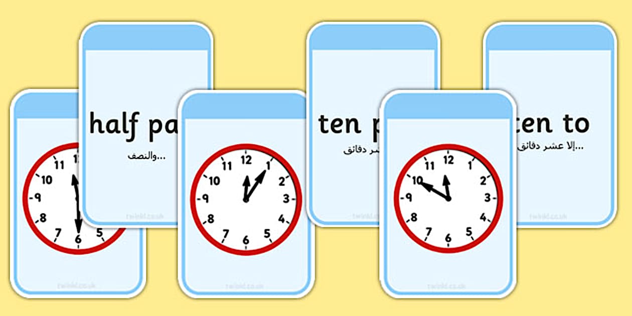 Telling the Time Matching Flashcards Arabic Translation