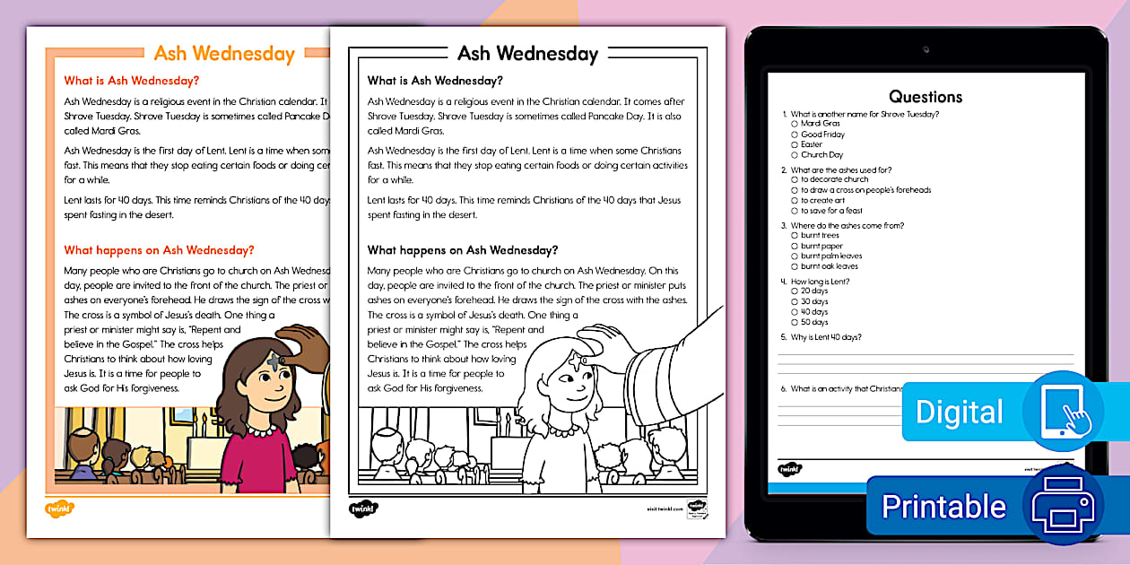 Second Grade Ash Wednesday Reading Comprehension Worksheet