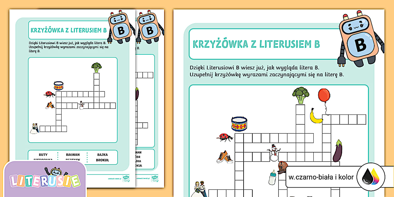Krzyżówka z Literusiem B | Piszemy wyrazy na literę B