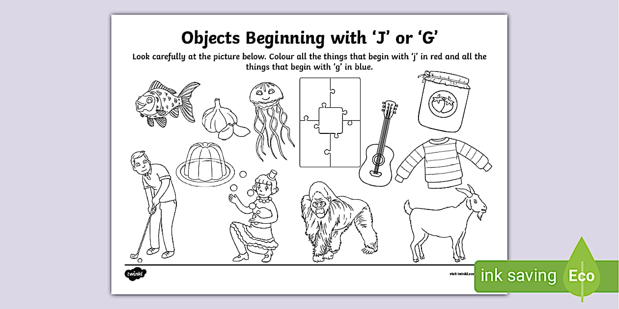 Objects Beginning with 'J' or 'G' Colouring Page - Twinkl