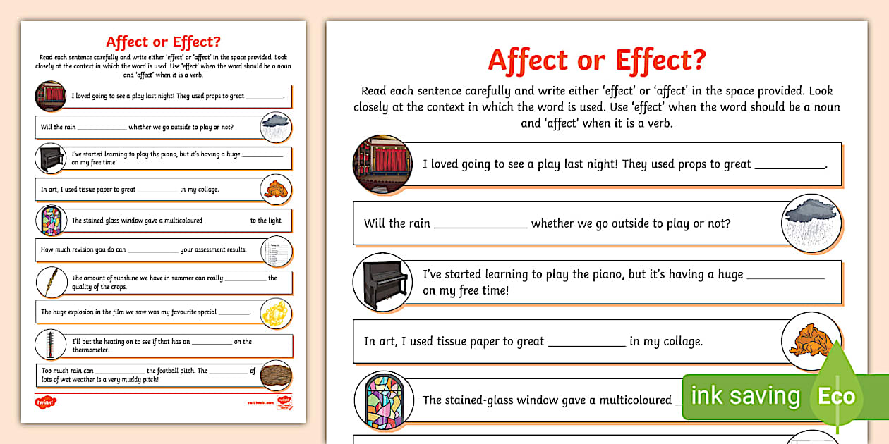 'Affect' or 'Effect' Missing Word Sentences Activity Sheet
