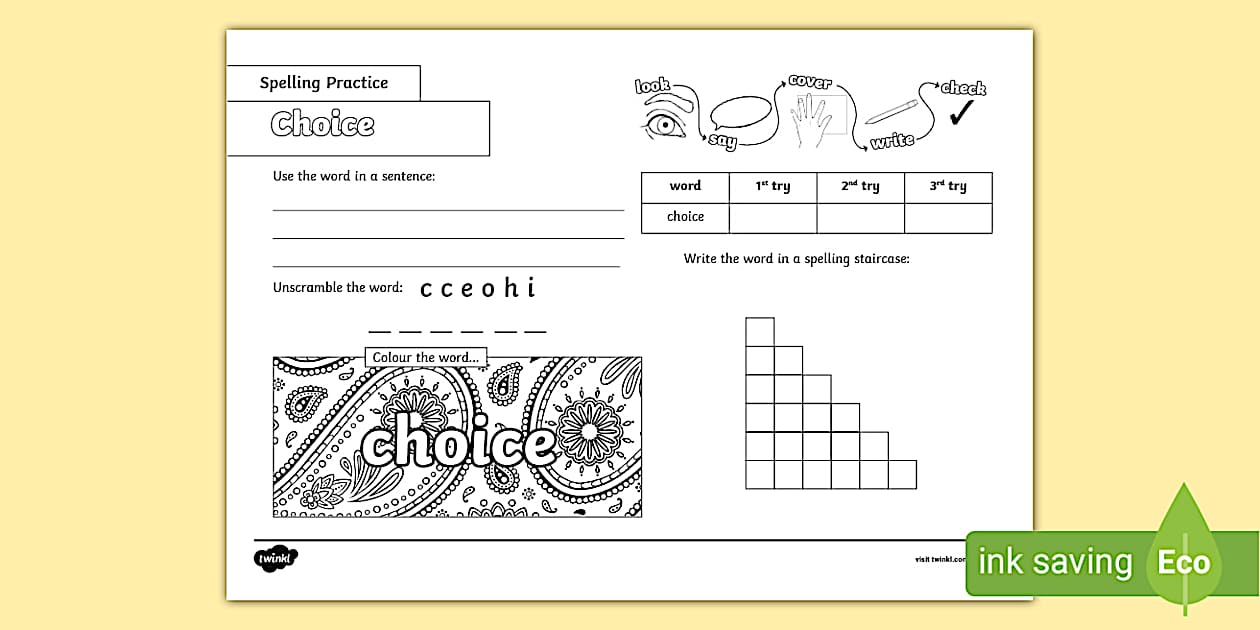 Choice Spelling Practice Worksheet (Teacher-Made) - Twinkl