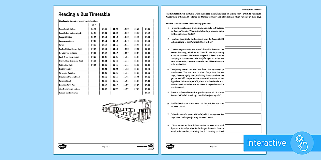 Reading a Bus Time Table Worksheet / Worksheet - Twinkl