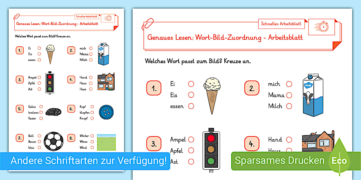 Genaues Lesen: Wort-Bild-Zuordnung - Arbeitsblatt - Twinkl