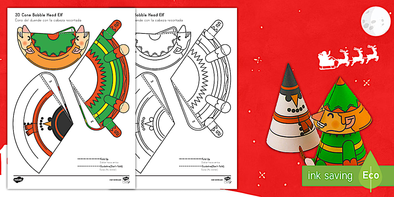 Simple 3D Cone Elf Bobble Head Christmas Activity Paper Craft English ...