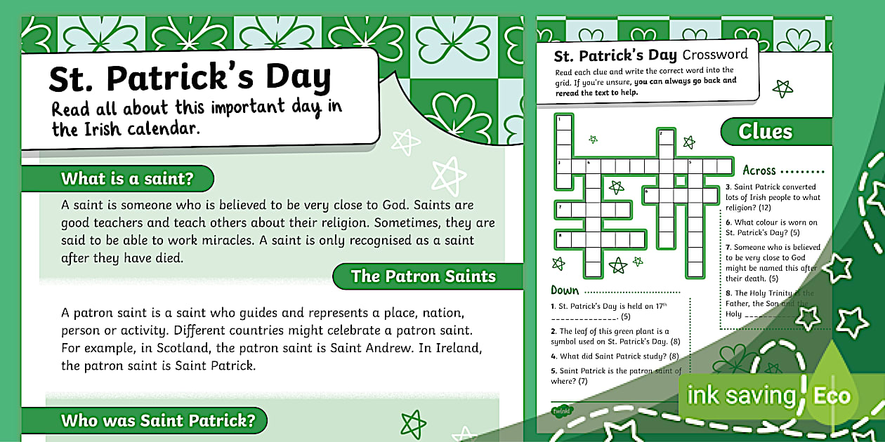 St. Patrick's Day Information and Crossword (Ages 5 - 7)
