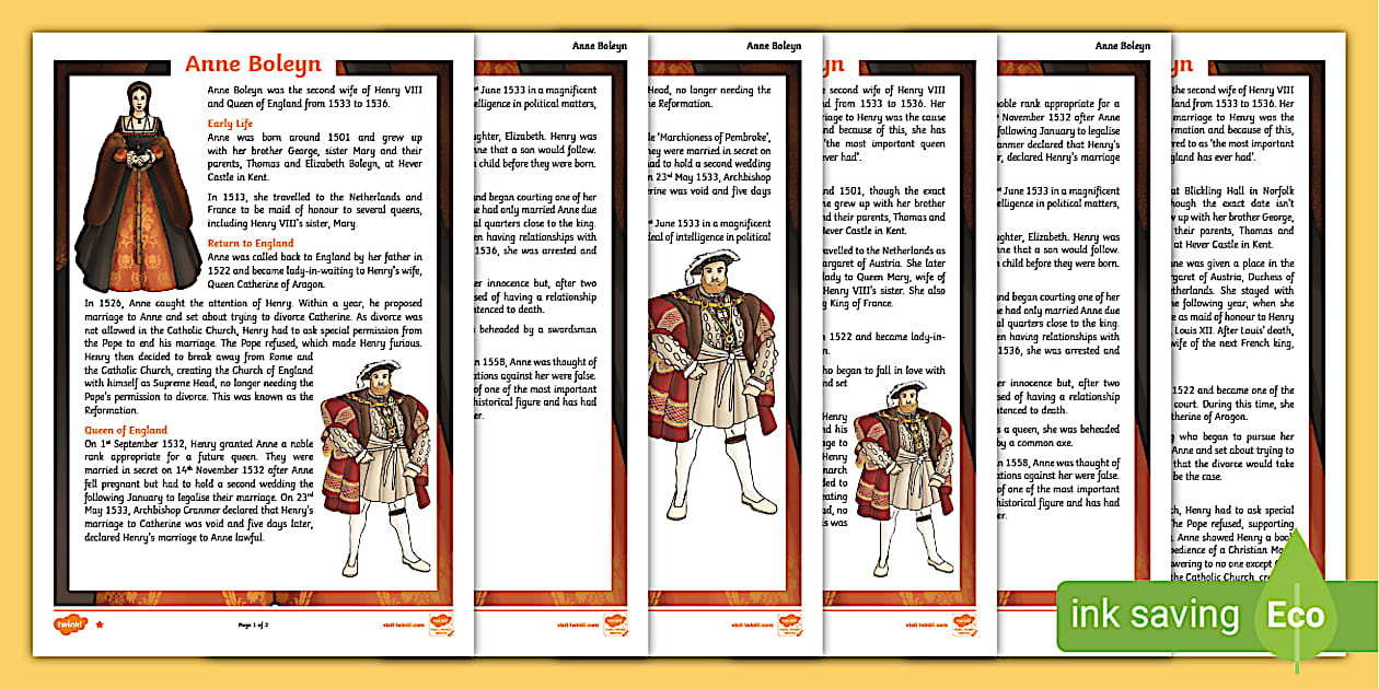 Higher Ability UKS2 Anne Boleyn Differentiated Reading Comprehension ...