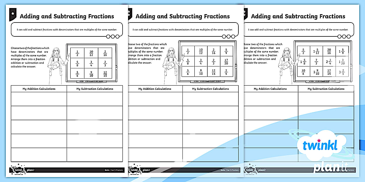 PlanIt Maths Y5 Fractions Add and Subtract Fractions Home Learning Tasks
