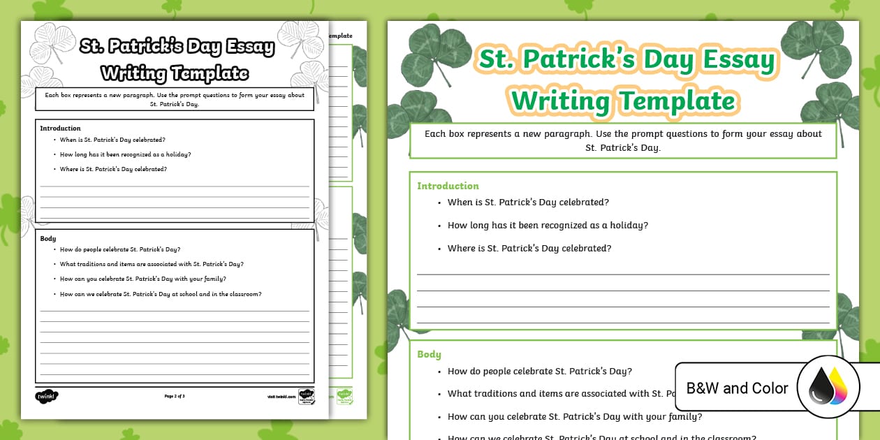 St. Patrick's Day Essay Writing Template for 6th-8th Grade