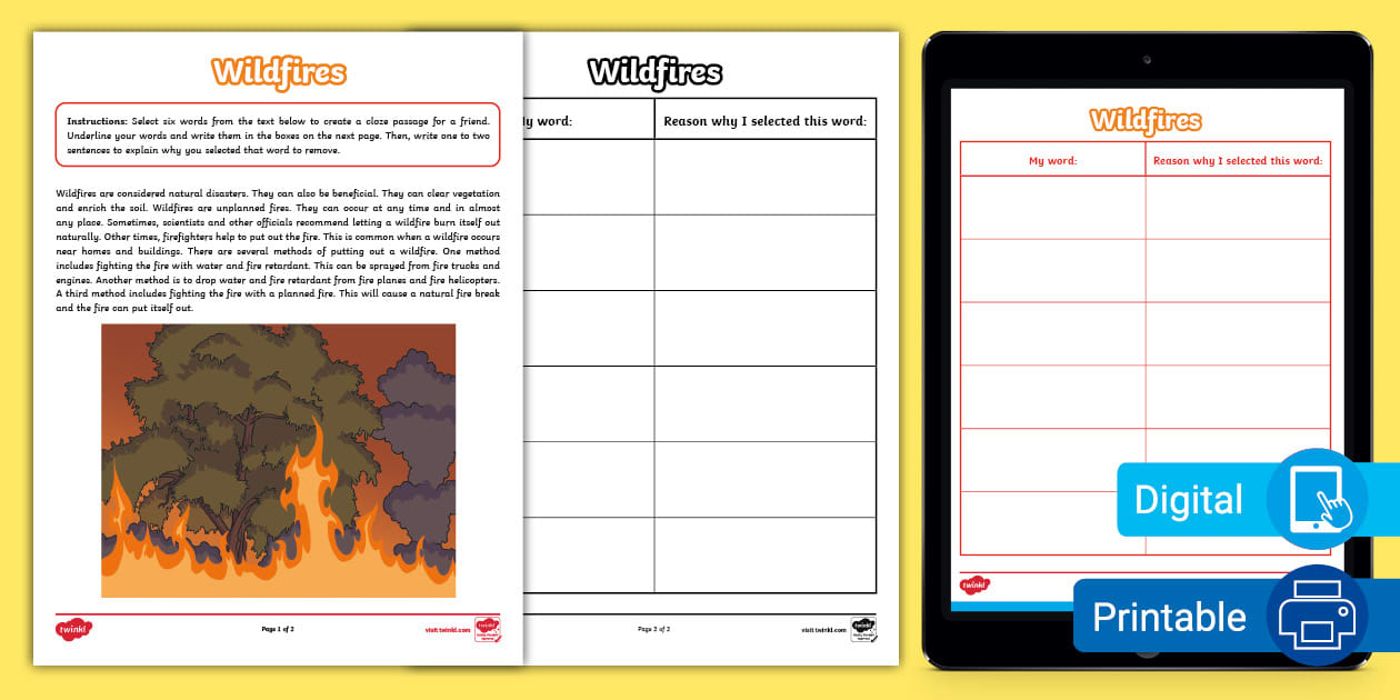 Fourth Grade Wildfires Reverse Cloze Worksheet Twinkl