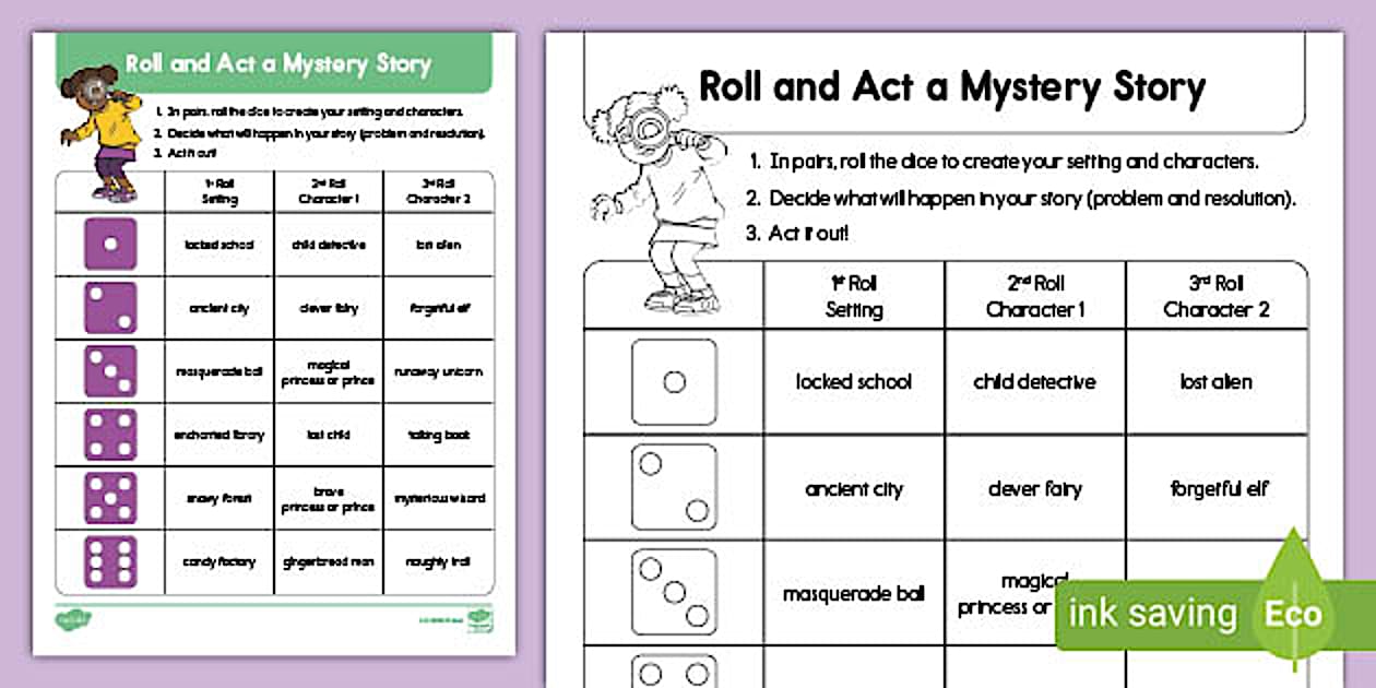 Roll and Act a Mystery Story Worksheet for K-2nd Grade
