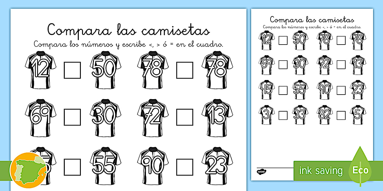 Ficha de comparar números: Camisetas de fútbol