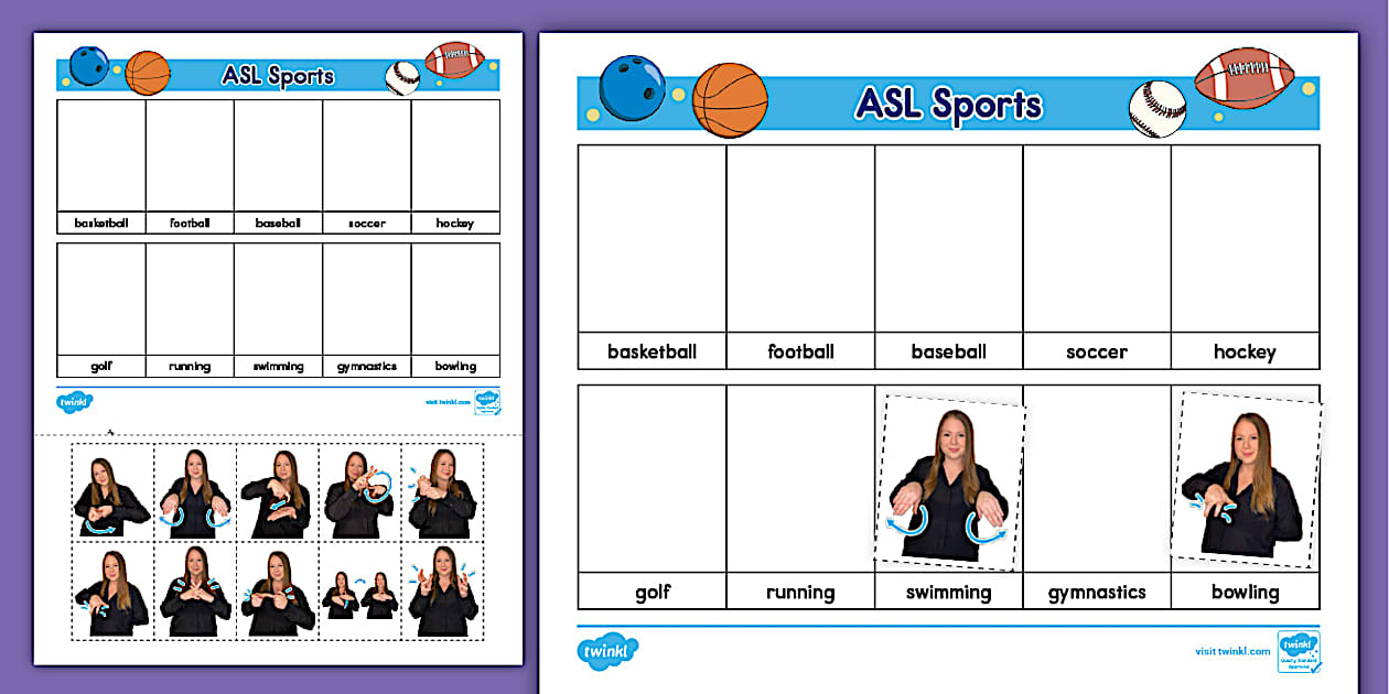 ASL Sports Cut and Paste Activity Worksheet (teacher made)