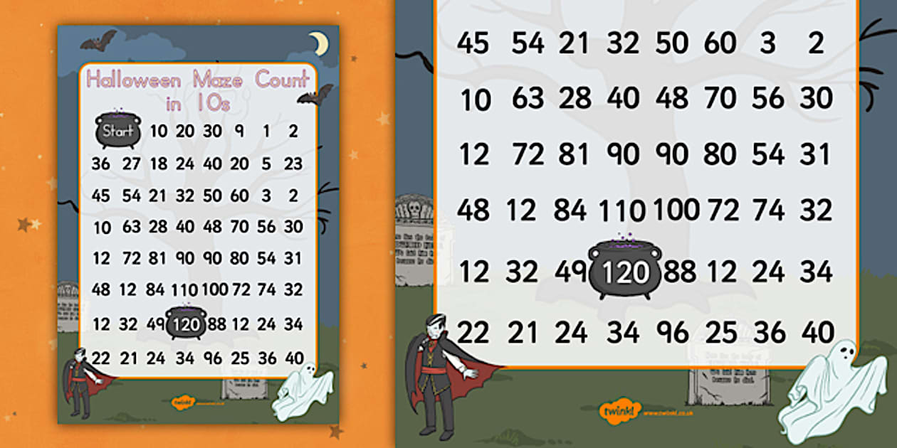 Black and White Halloween Counting in 10s Maze - Twinkl