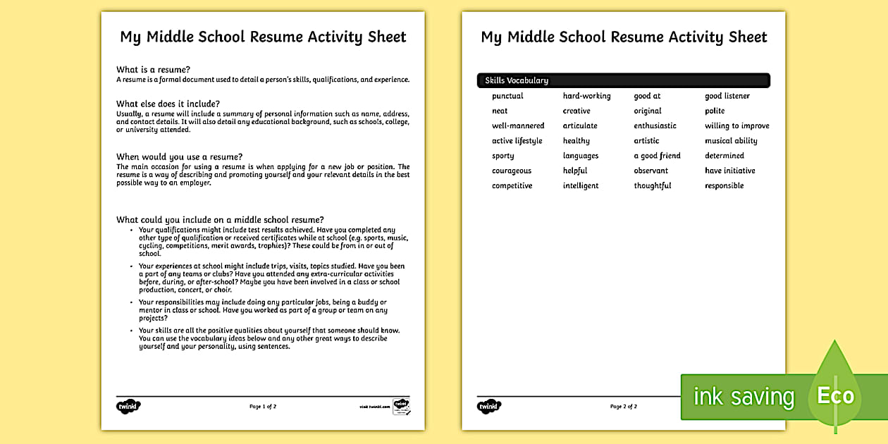 My Middle School Resume Worksheet - CV (Teacher-Made)