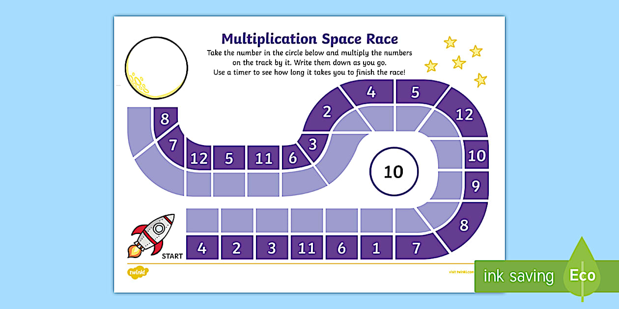 Editable Multiply by 10 Space Race Worksheet - Twinkl