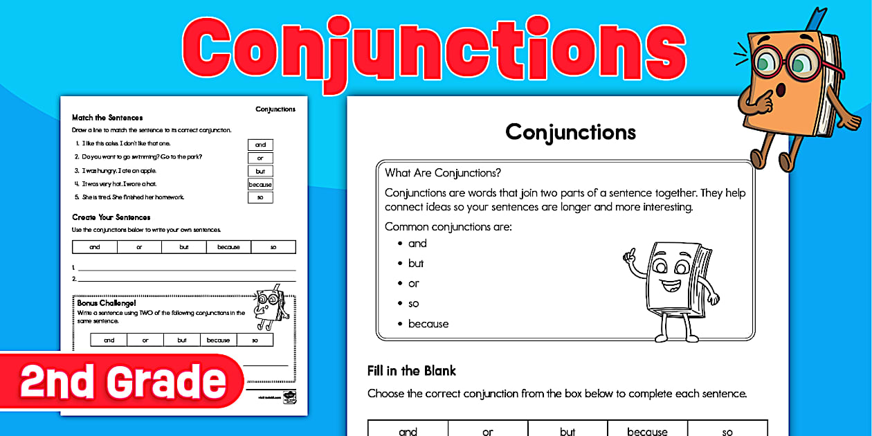 Second Grade Conjunctions Worksheet (teacher made) - Twinkl