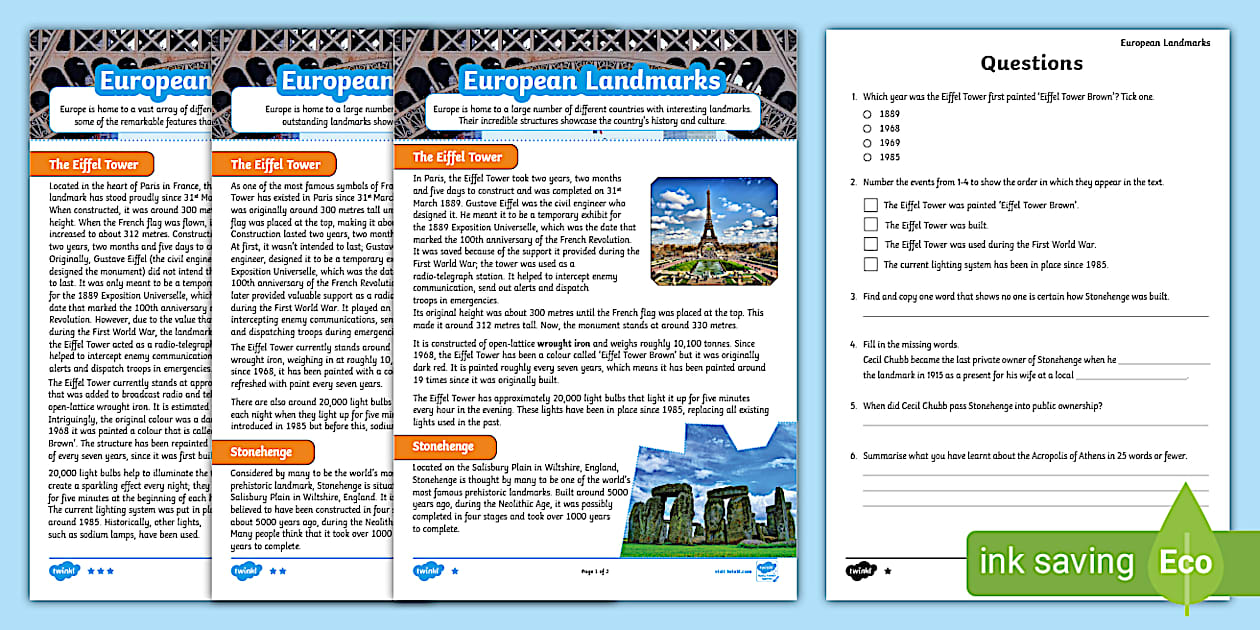 UKS2 European Landmarks Differentiated Comprehension Activity
