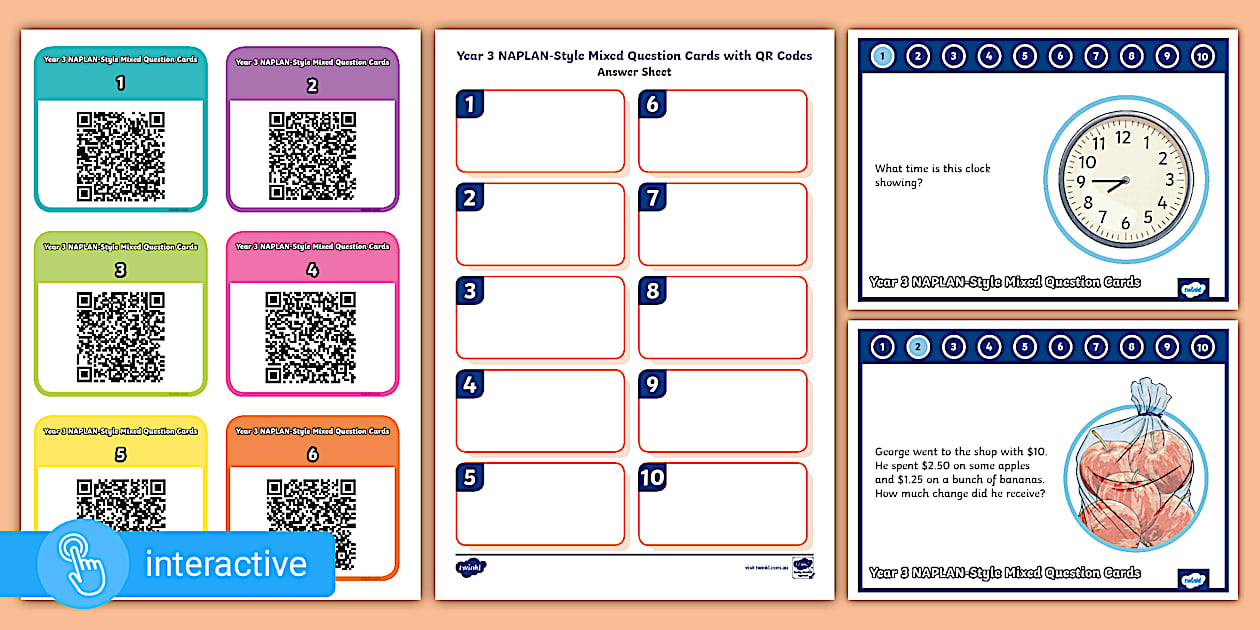 Year 3 NAPLAN-Style Mixed Question Cards with QR Codes