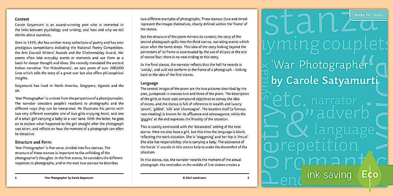 GCSE Notes for Study to Support Teaching on 'War Photographer' by Carole