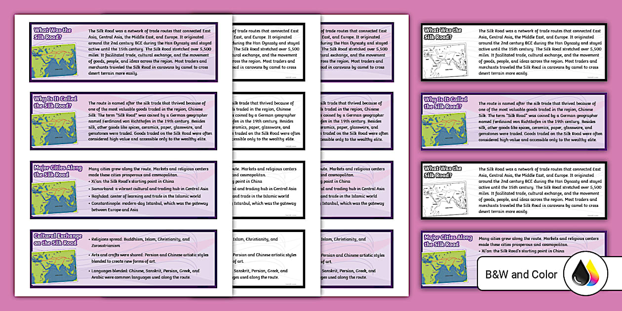 Silk Road Fact Cards for 6th-8th Grade