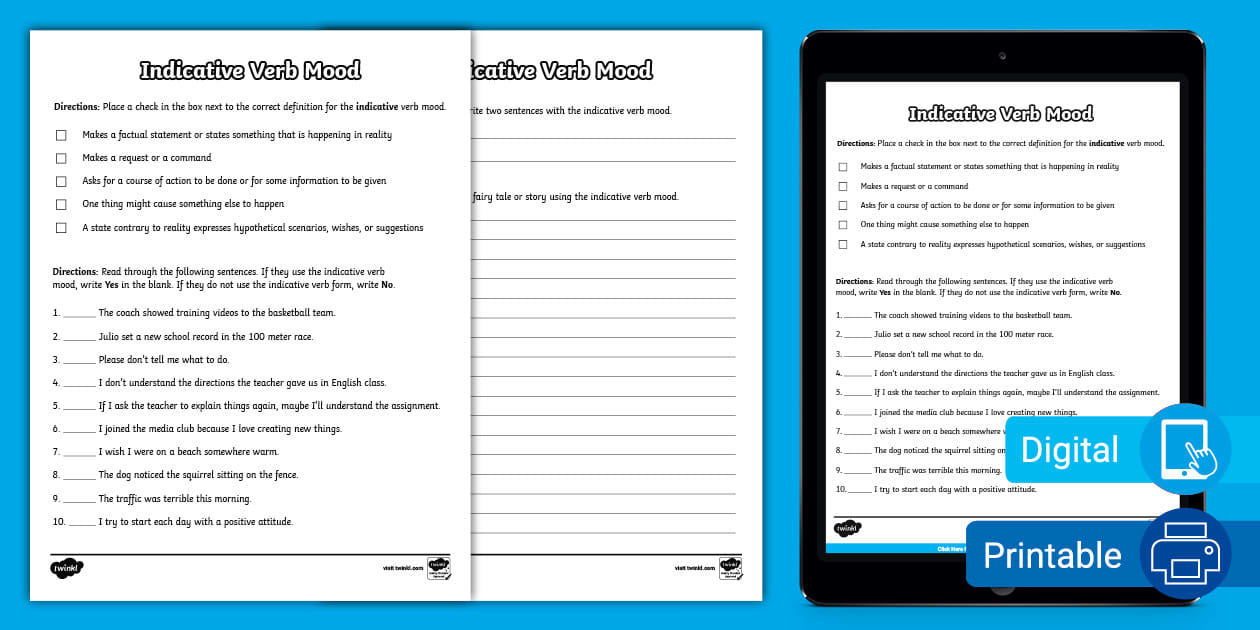 Indicative Verb Mood Worksheet for 6th-8th Grade - Twinkl